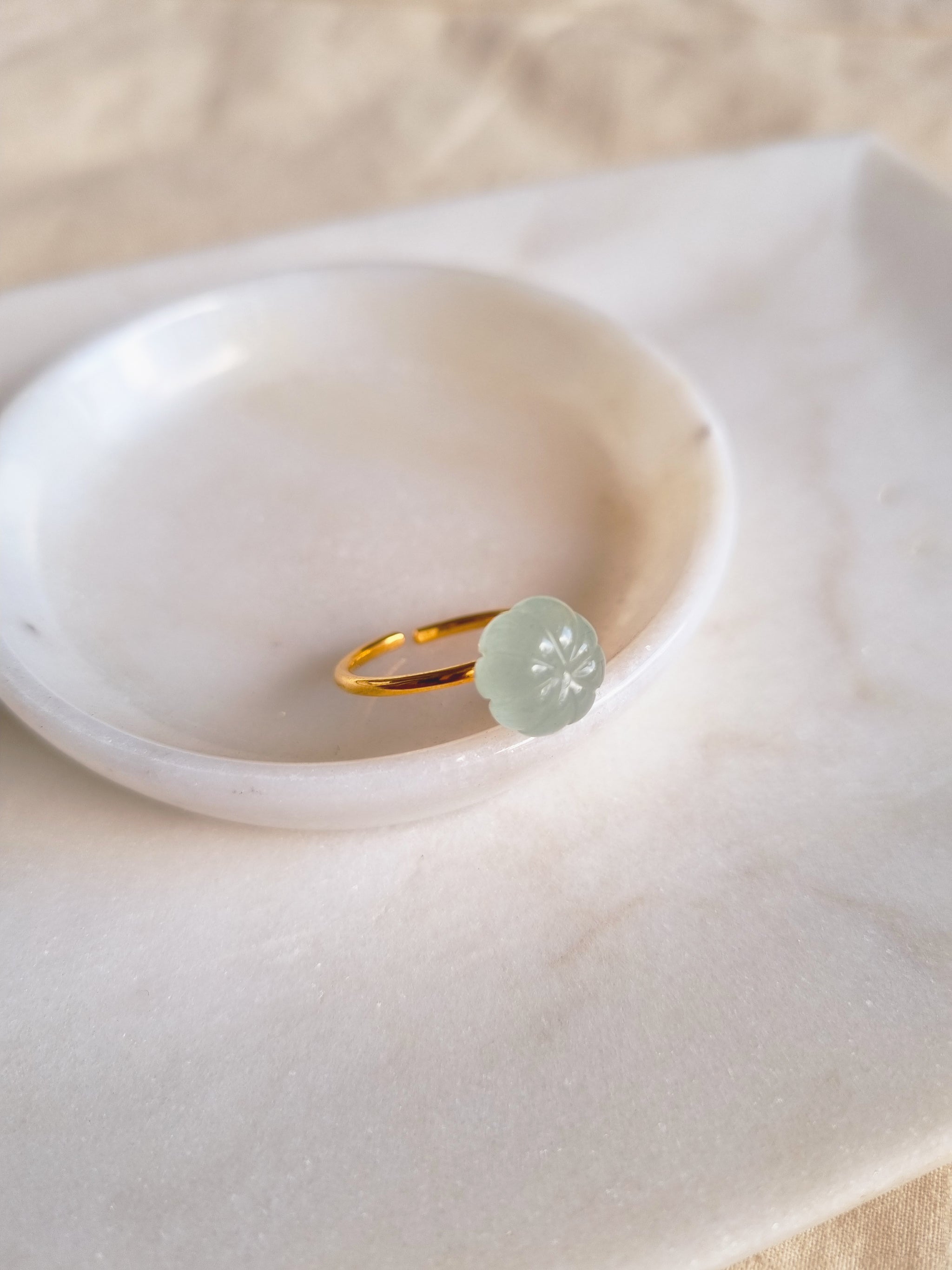 Aquamarine round melon adjustable ring for women gold plated brass