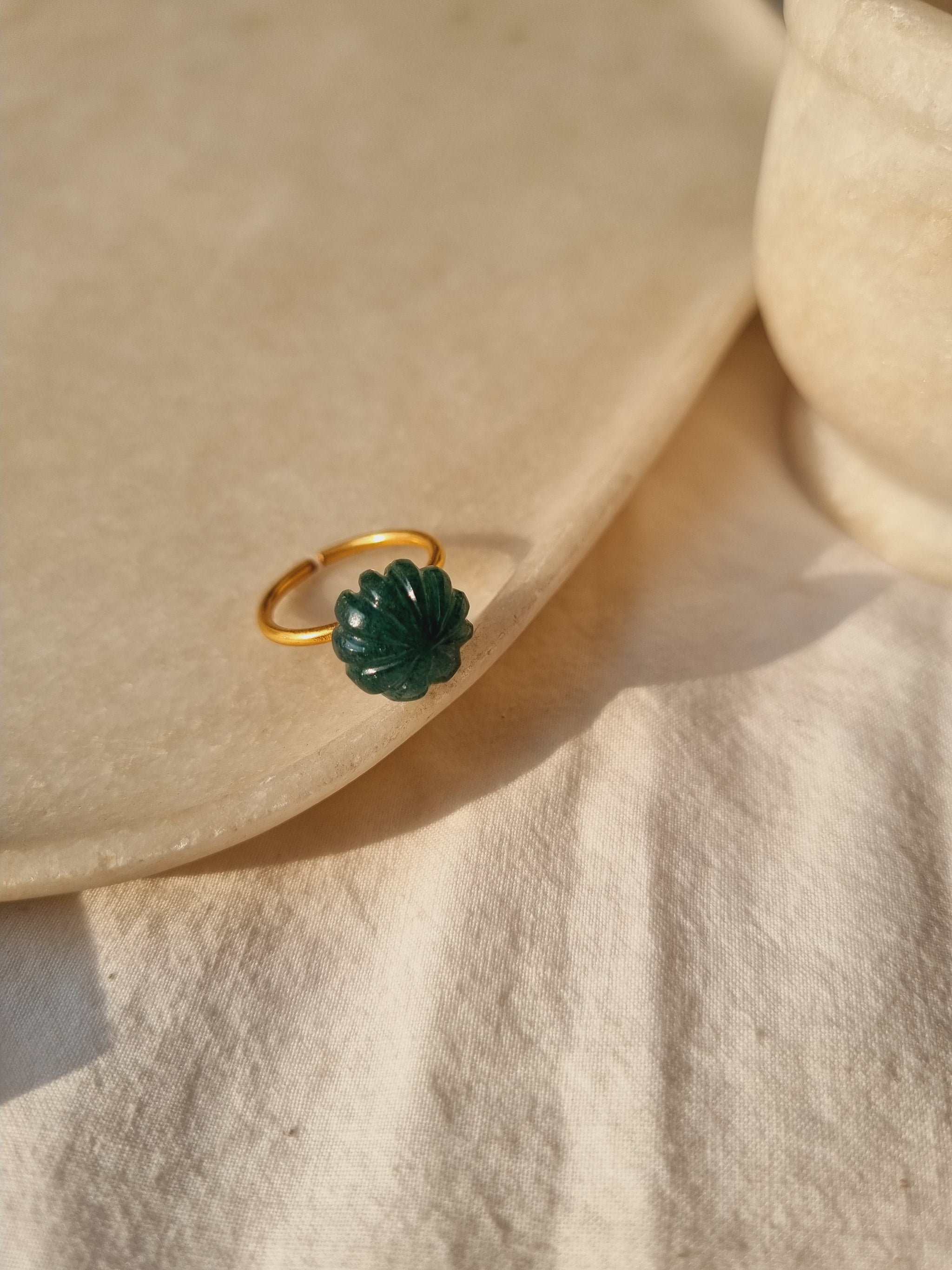 Green Aventurine round melon adjustable ring for women gold plated brass