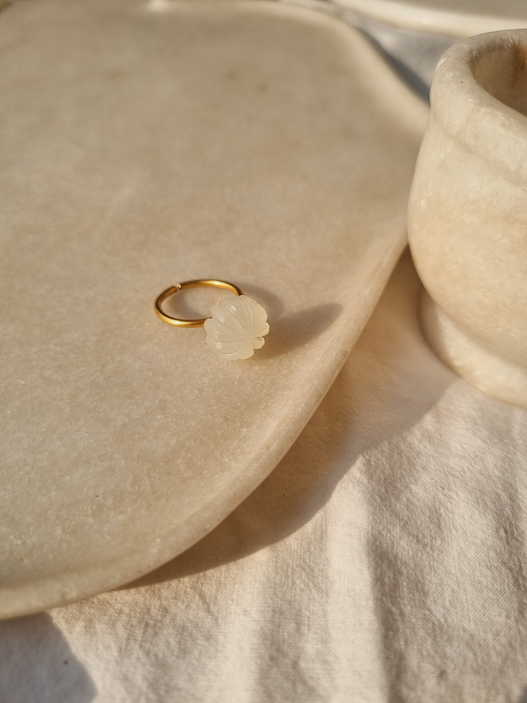 White Mooonstone round melon adjustable ring for women gold plated brass