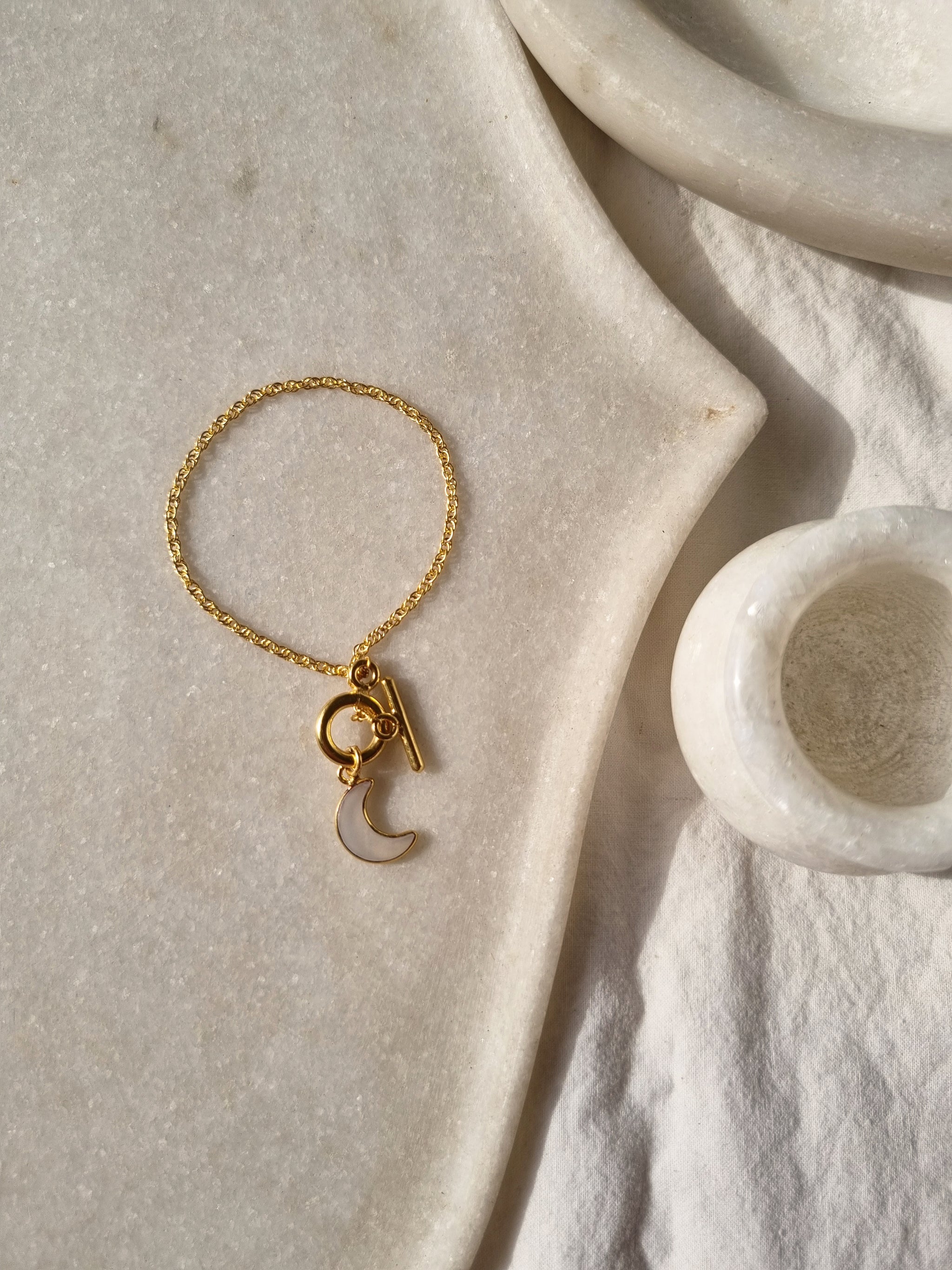 White Moonstone half moon bracelet brass chain for women