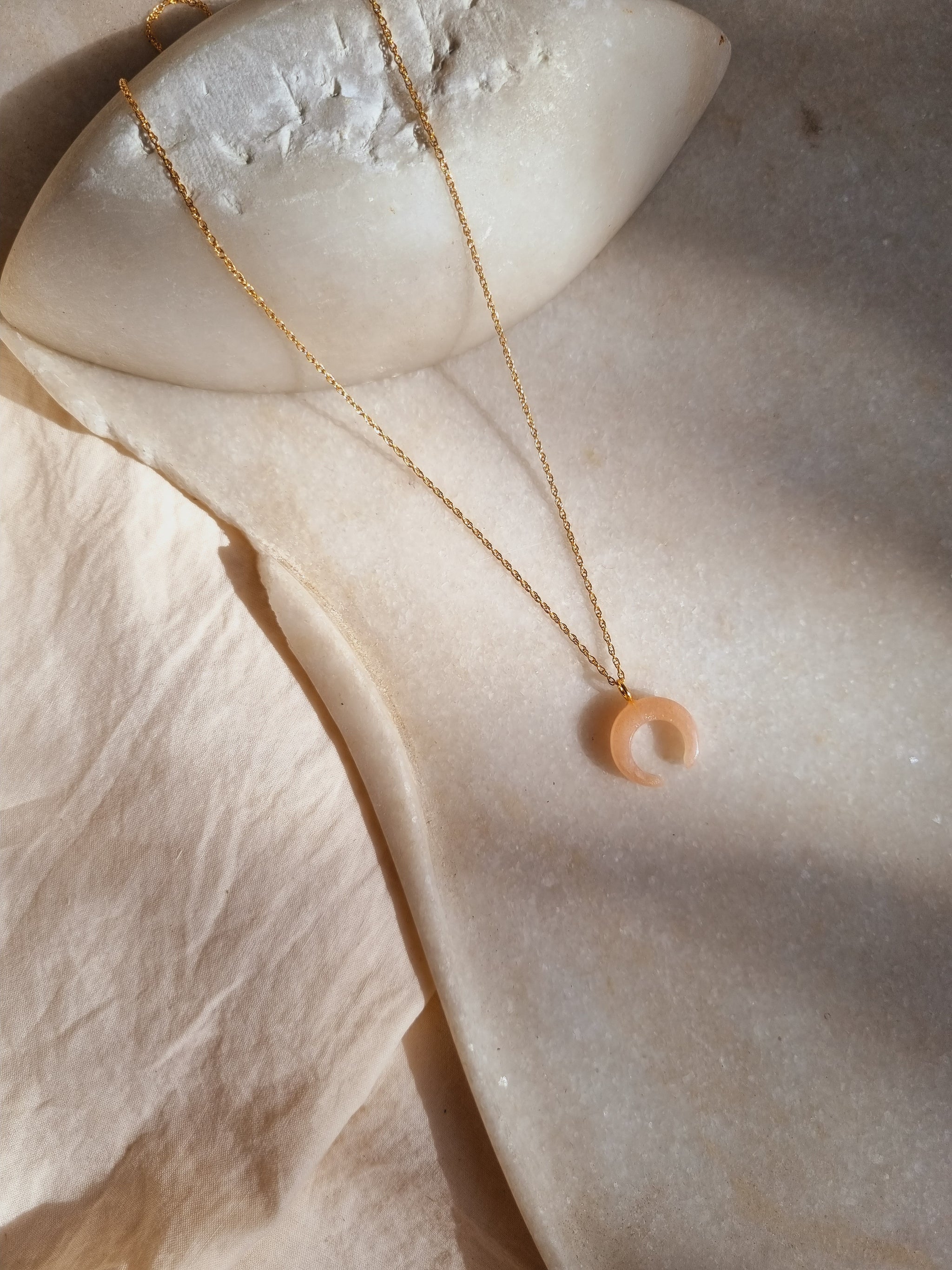 Peach moonstone moon pendant Silver chain Jewelry for women